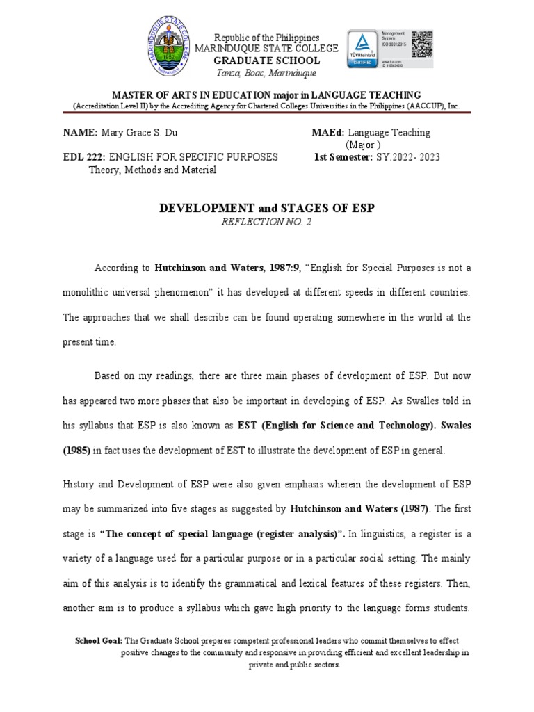 Reflection No. 2 - ESP - EDL-222 | PDF | Language Education | Learning