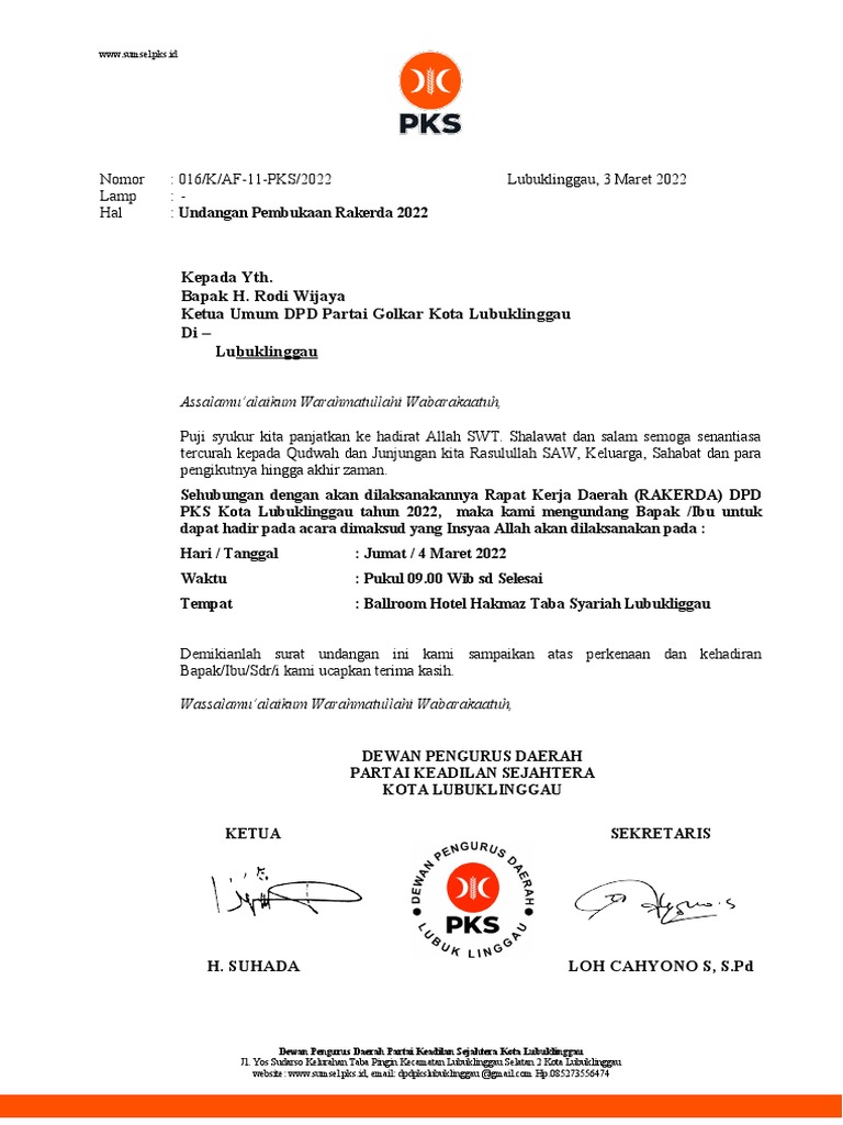 Undangan Rakerda PKS Lubuklinggau 2022 | PDF