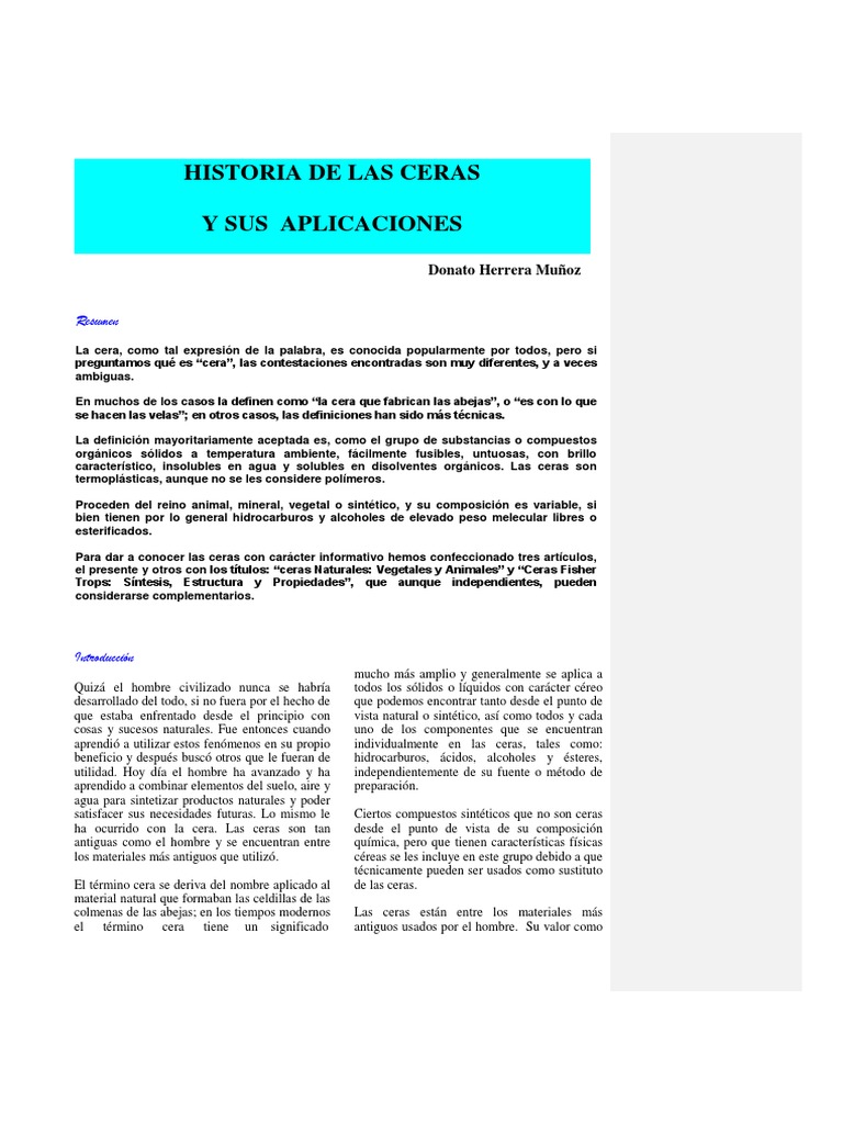 Historia de Las Ceras y Sus Aplicaciones 2 | PDF | Cera | Ester