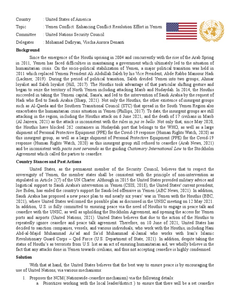 Position Paper - UNSC - USA | PDF | Yemen | World Politics