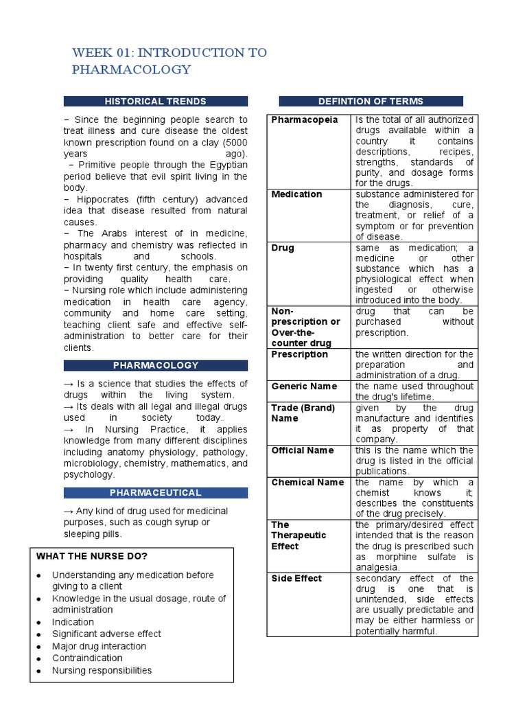 Week 1 Introduction To Pharmacology | PDF | Pharmacology | Pharmacokinetics