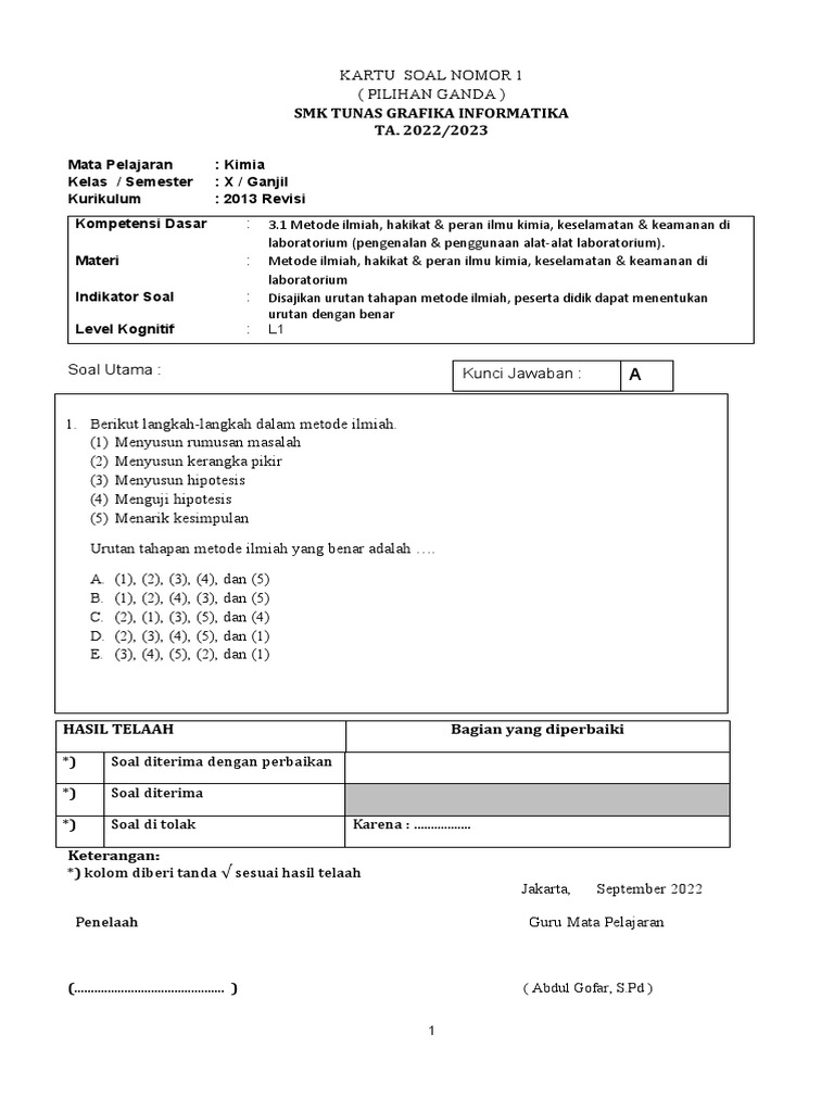 Kartu Soal PTS Kimia Kelas X Sem. Ganjil | PDF