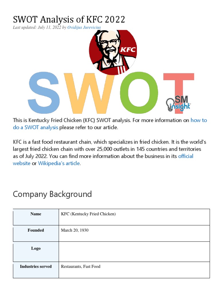 SWOT Analysis of KFC 2022 | PDF | Fast Food Restaurants | Food And Drink