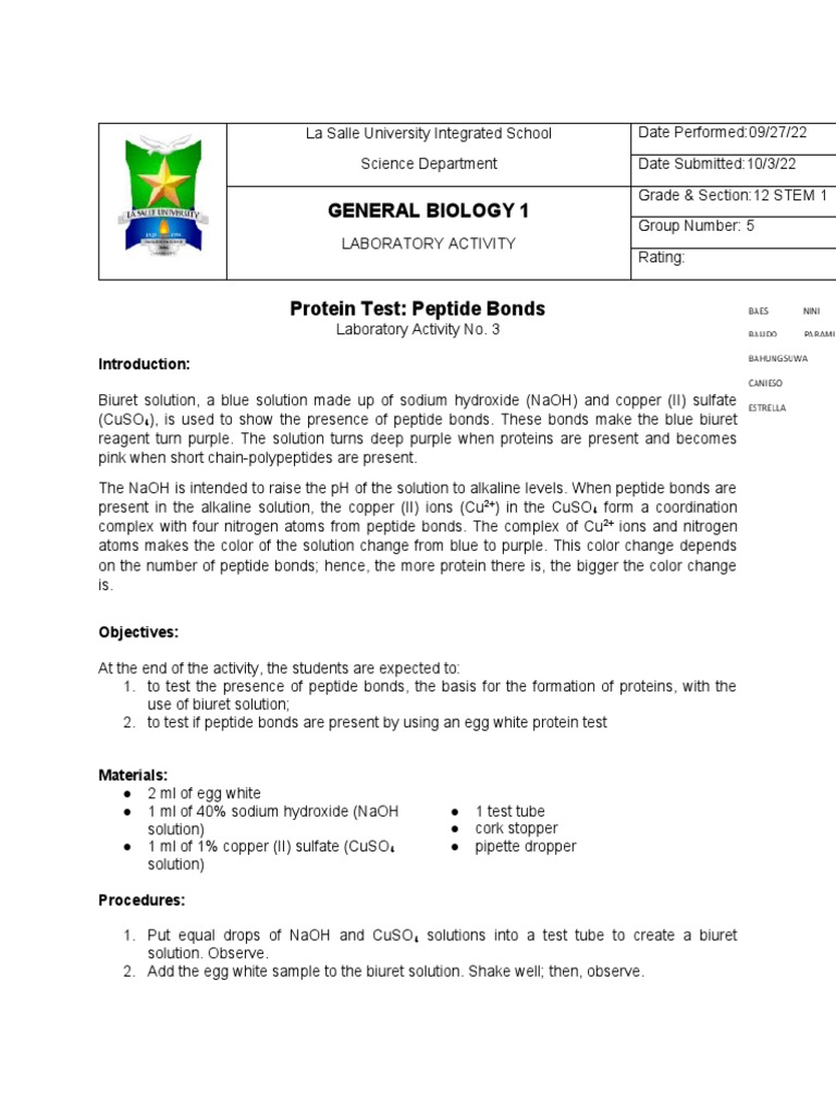 12STEM1G5 - LAB 3 (Protein Test, Peptide Bonds) | PDF | Sodium ...