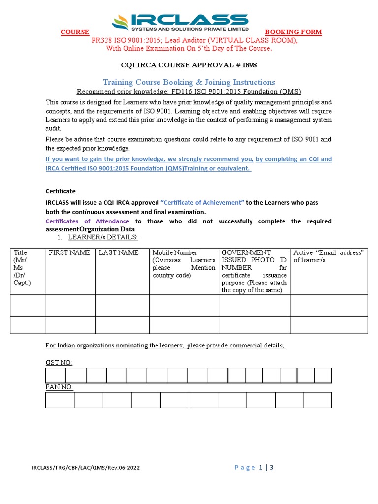 Course Booking Form_QMS-VILT_CR_06-2022 | PDF