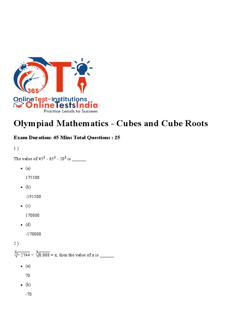 Olympiad Class Viii Mathematics Cubes and Cube Roots Model Questions | PDF