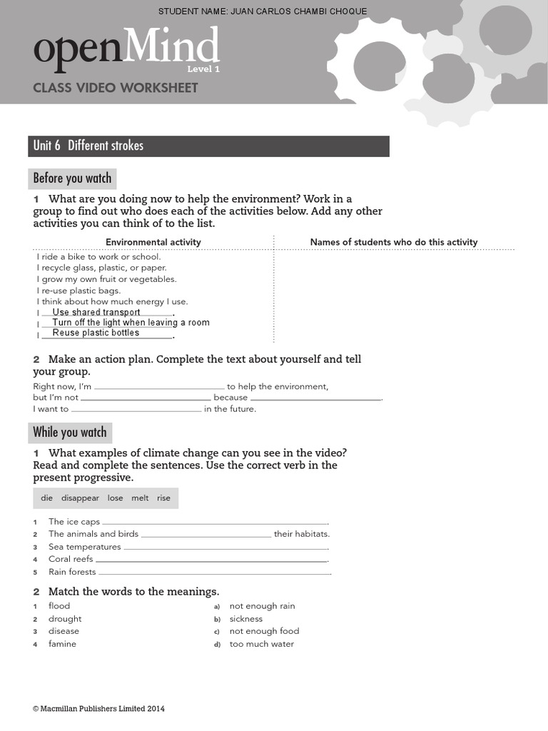 Openmind 1 Unit 6 Class Video Worksheet | Download Free PDF | Water | Reuse