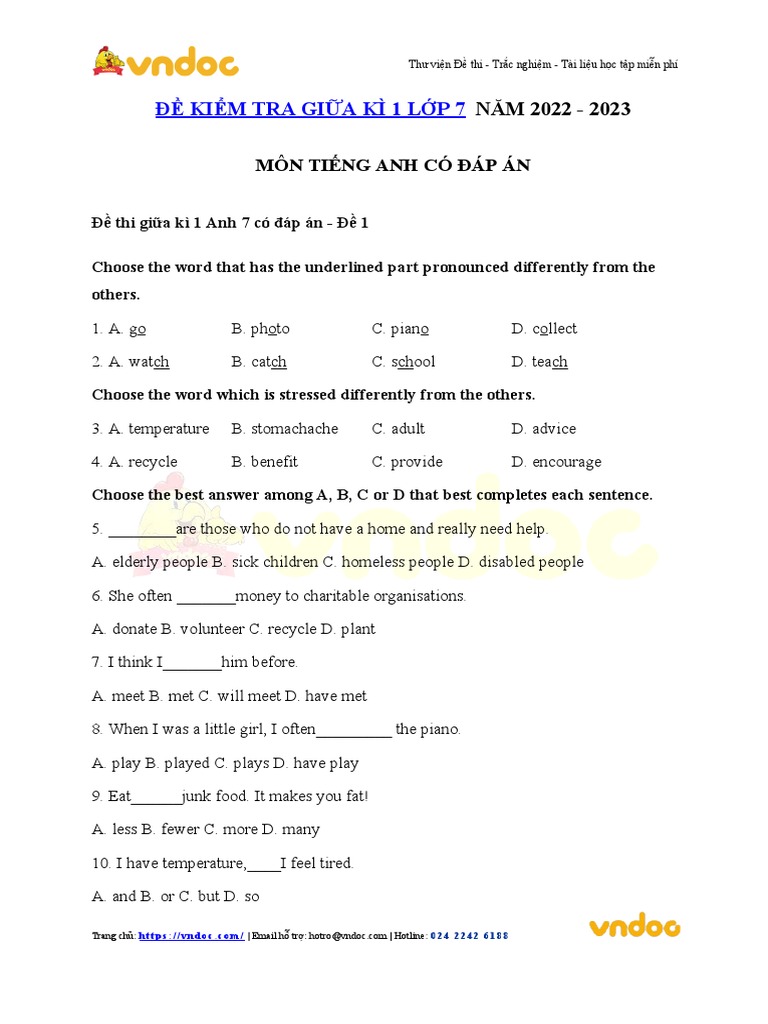 De Thi Giua Hoc Ki 1 Mon Tieng Anh Lop 7 Thi Diem Co Dap An | PDF | Toothbrush | Judo