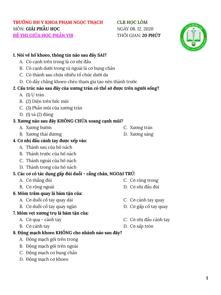 Đề Thi Giữa Học Phần Y19 | PDF