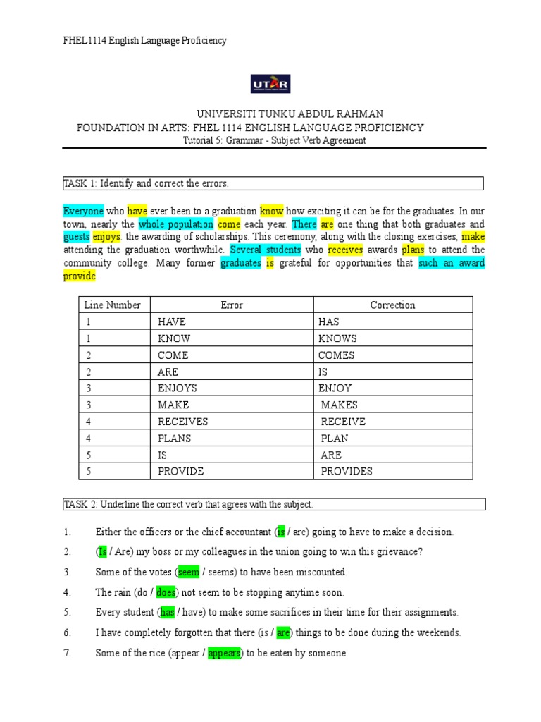 Week 6 - Tutorial Subject-Verb Agreement QP | PDF | Language Arts & Discipline