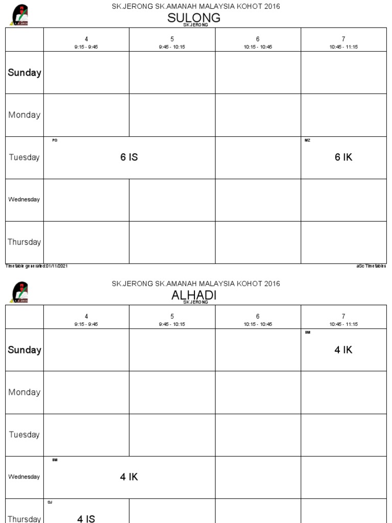 SK Jerong Timetable 2021 Overview | PDF