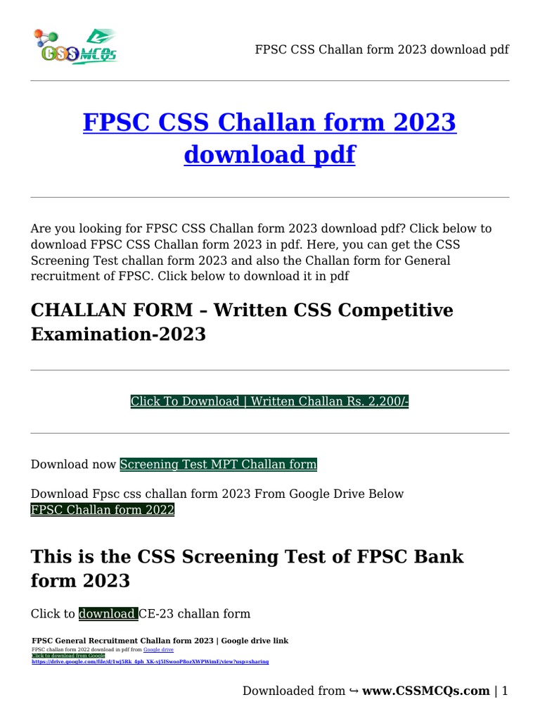 FPSC CSS Challan Form 2023 Download PDF | PDF