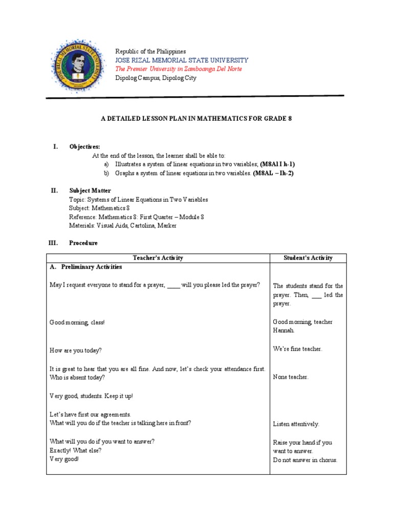Grade 8 Math Lesson Plan: Linear Equations | PDF | System Of Linear ...