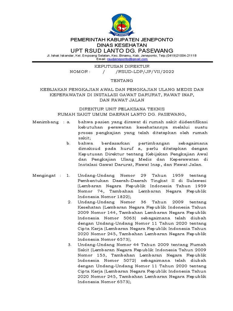 SK Pengkajian Awal Dan Pengkajian Ulang Medis Dan Keperawatan Di Unit ...