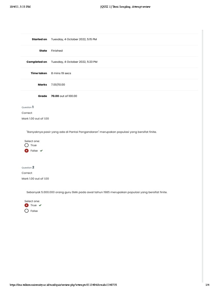 (QUIZ 1) Teori Sampling - Attempt Review | PDF