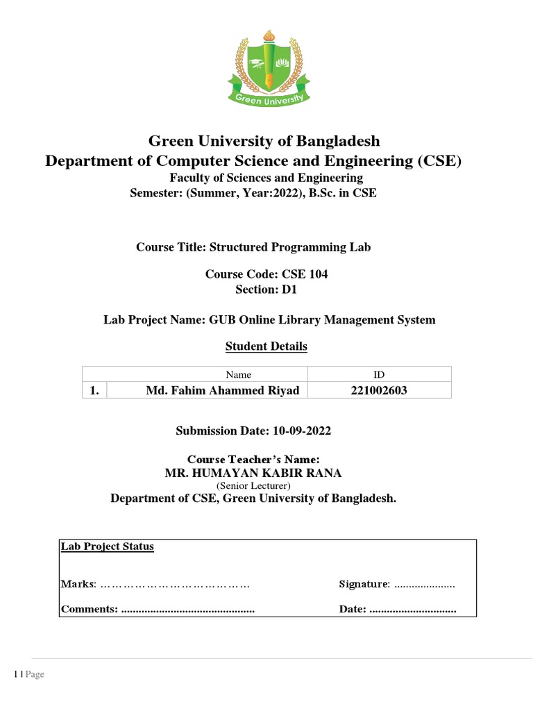 GUB Online Library Management System Project Report | PDF | Library ...