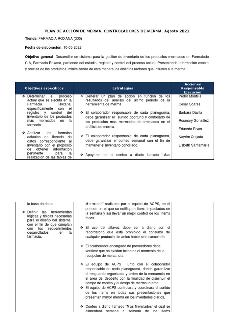 Plan de Acción de Merma Modelo | PDF | Business | Informática