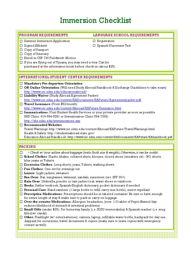 Immersion Checklist | PDF | Baggage | Backpack