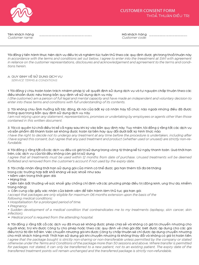 Customer Consent Form: Thoả Thuận Điều Trị | PDF