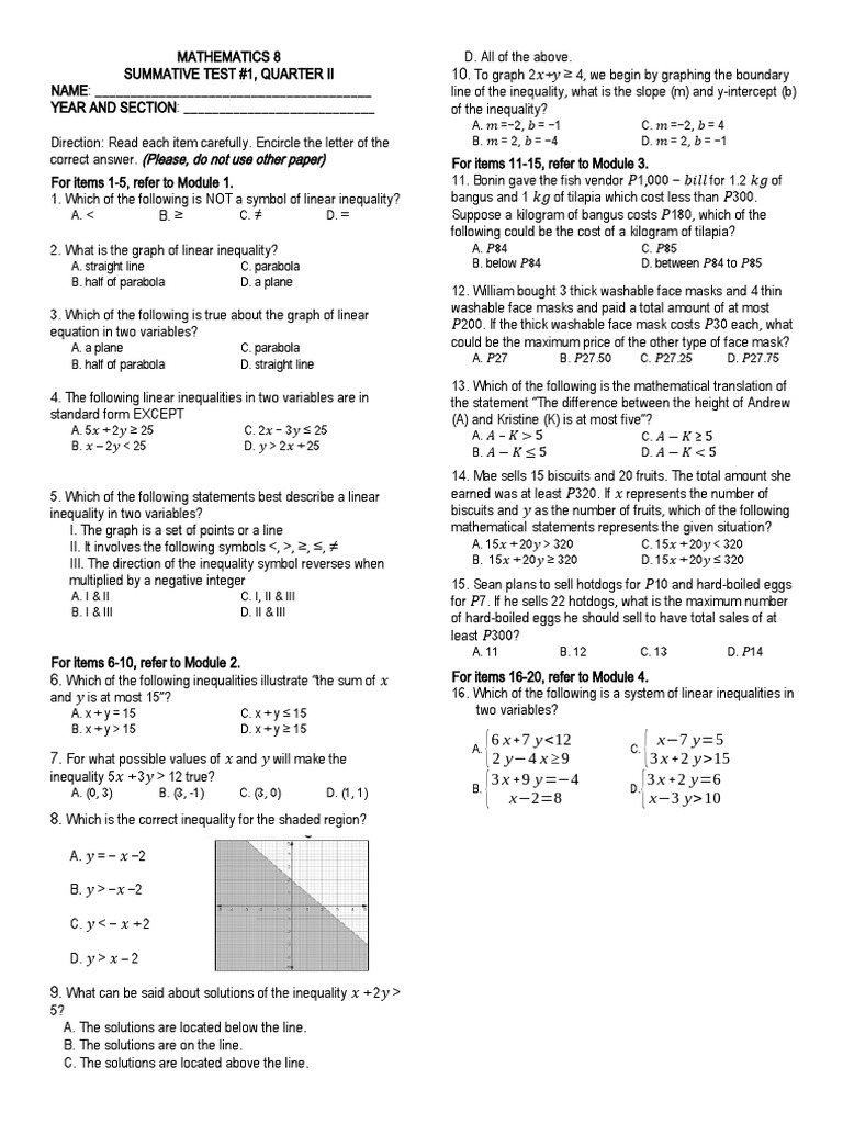Math8 Summative#1 Ptask#3 Q2 | PDF | Inequality (Mathematics) | Line ...