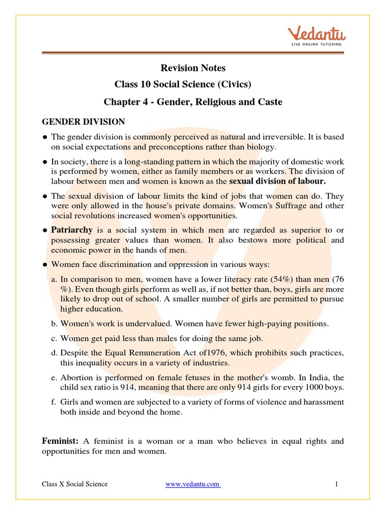 CBSE Class 10 Political Science (Civics) Chapter 4 Notes - Gender ...