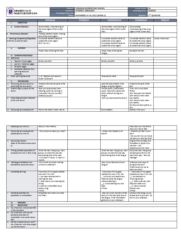DLL - Science 3 - Q2 - W2 | PDF | Senses | Behavior Modification