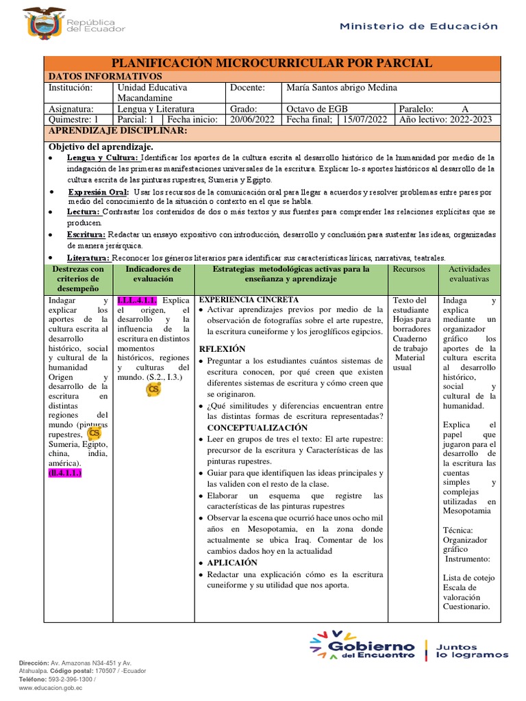 Planificación Microcurricular 1 | PDF | Aprendizaje | Escritura