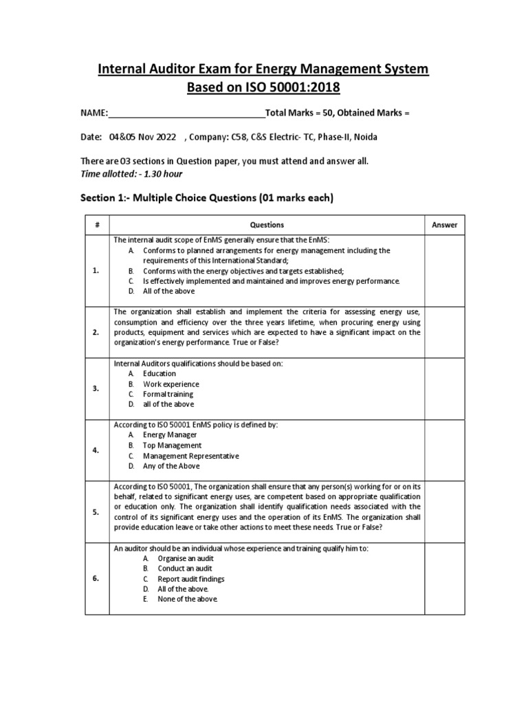 ISO 50001-2018 IA Exam | PDF | Audit | Energy Management