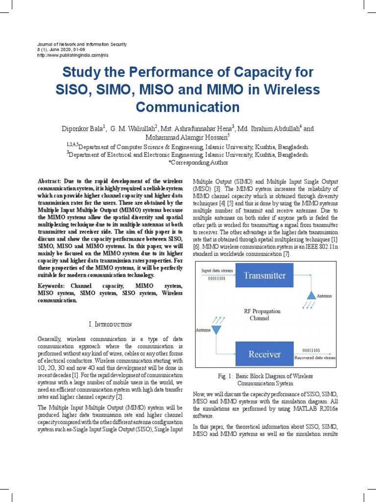 Study The Performance of Capacity For SISO, SIMO, MISO and MIMO in Wireless Communication | PDF ...