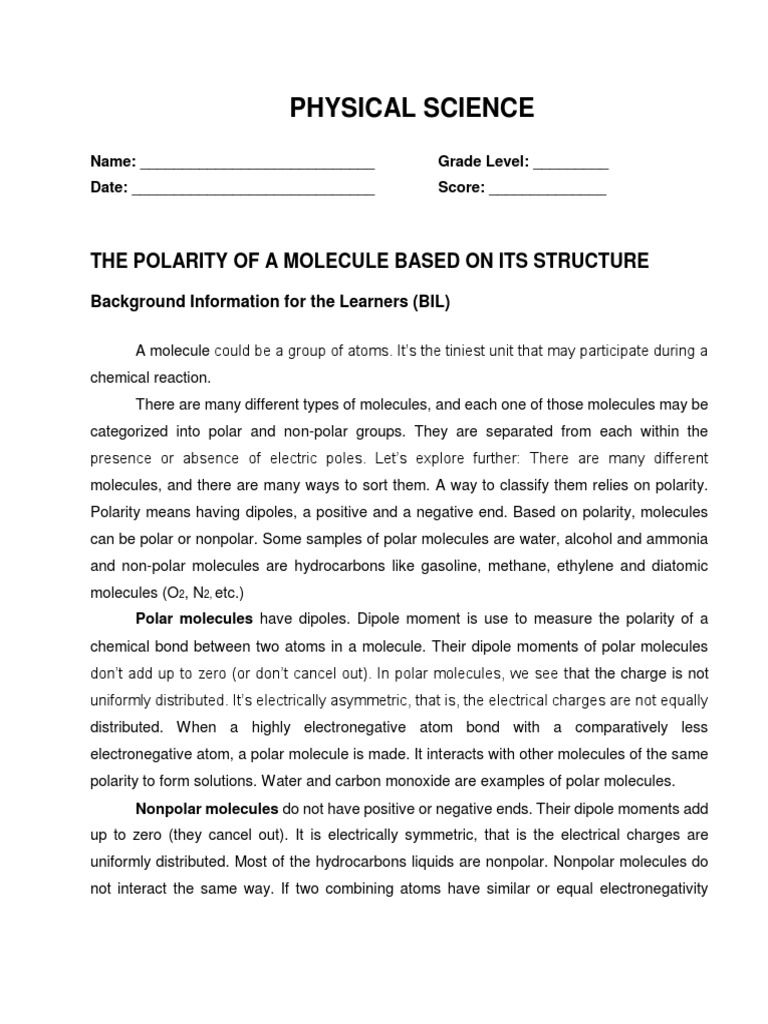 Physical Science - M3 - Polarity of Molecules | PDF | Chemical Polarity ...
