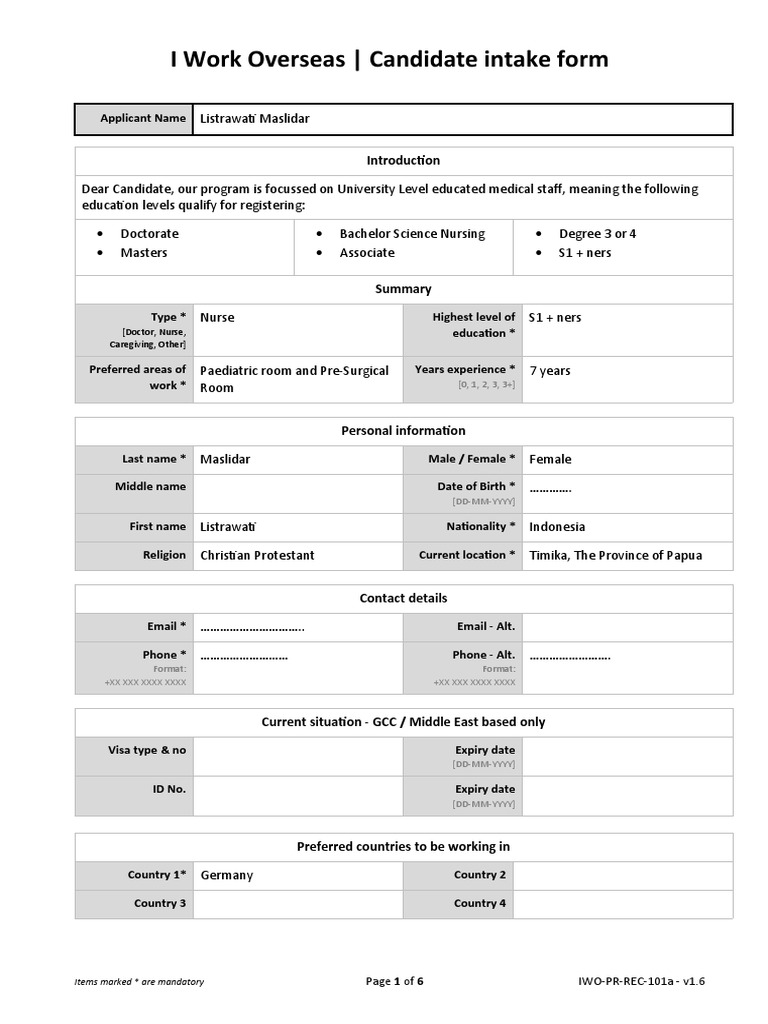 Contoh - IWO-Candidate Intake Form | PDF | Surgery | Nursing
