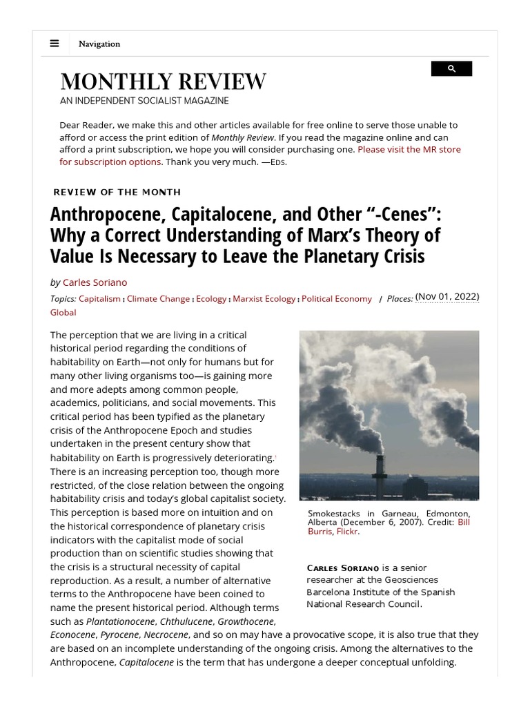 Monthly Review Anthropocene, Capitalocene, and Other “-Cenes” Why a ...