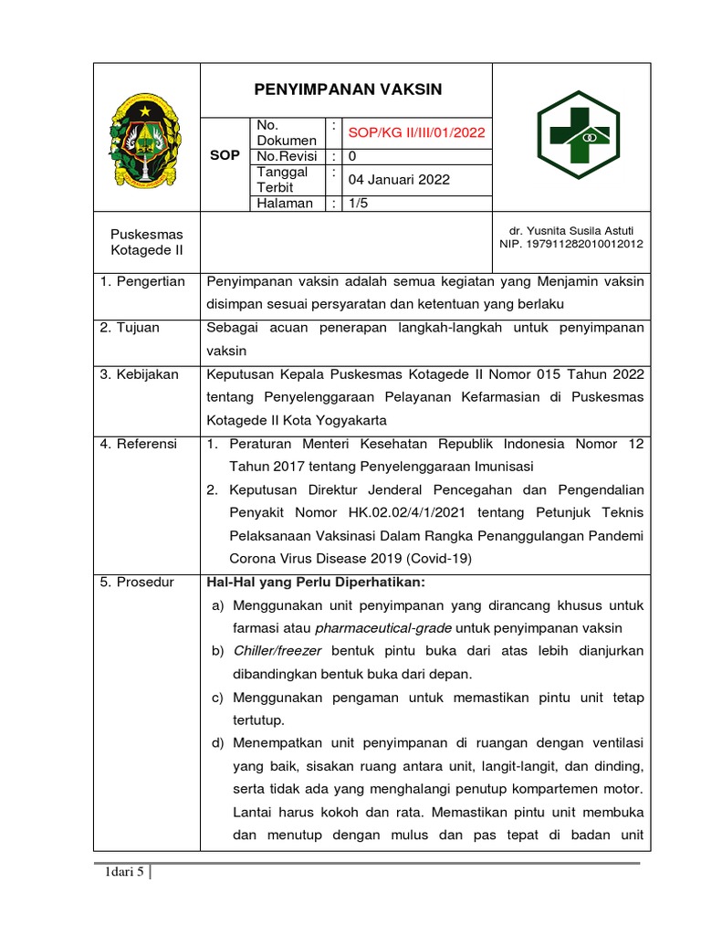 STANDAR OPERASIONAL PROSEDUR PENYIMPANAN VAKSIN DI PUSKESMAS | PDF