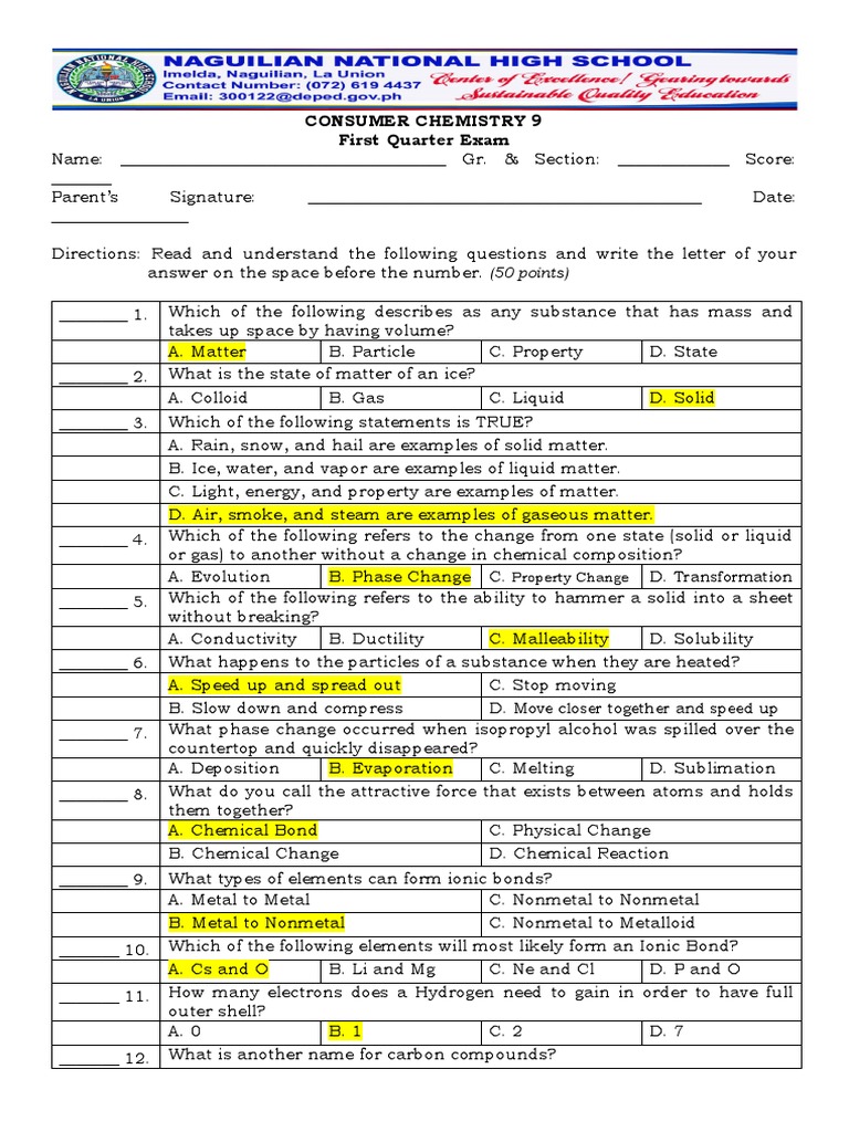 Grade 9 Consumer Chemistry Exam | PDF | Chemical Compounds | Chemical Bond