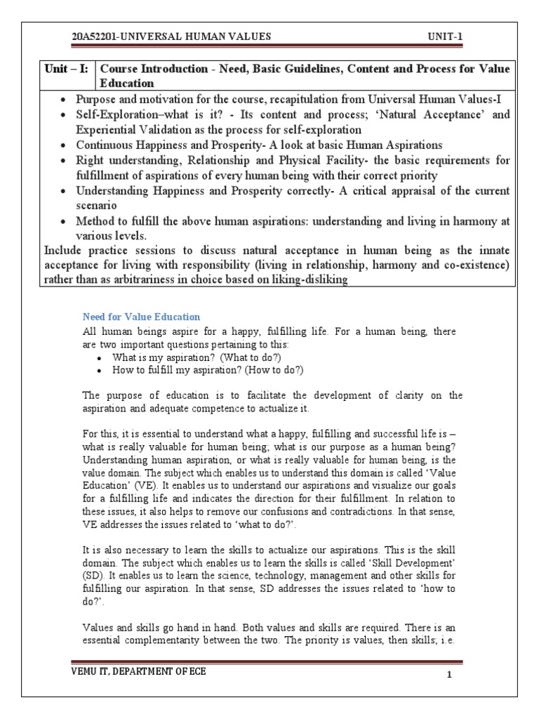 UHV Unit-1 Lecture Notes | PDF | Motivational | Motivation