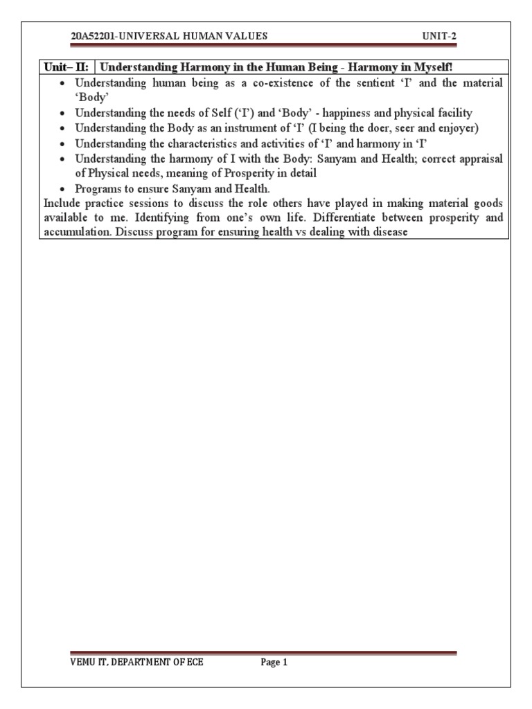 UHV Unit-2 Lecture Notes | PDF | Consciousness | Self UHV Unit-2 Lecture Notes | PDF | Consciousness | Self