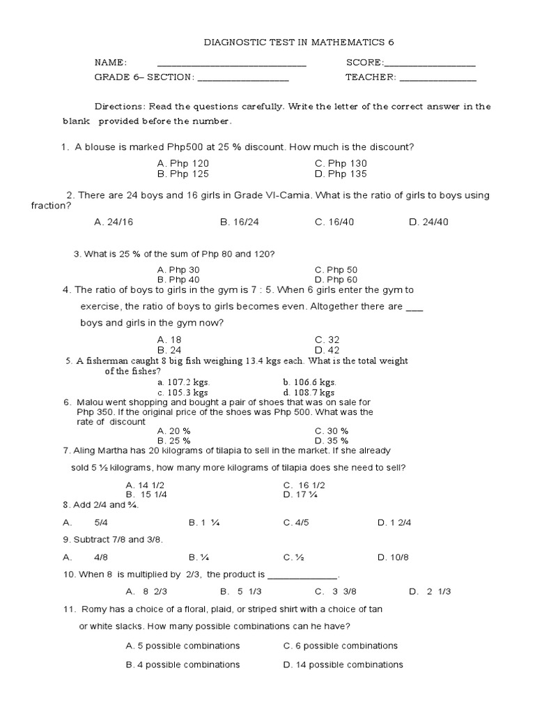 Mathematics - I - Diagnostic-Test (1) Grade 6 | PDF | Volume | Percentage