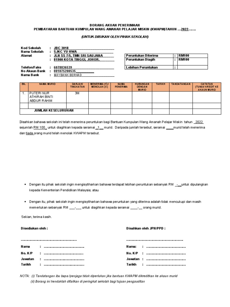 Borang Akuan Penerimaan Kwapm 2022. Tercicir Terkini | PDF