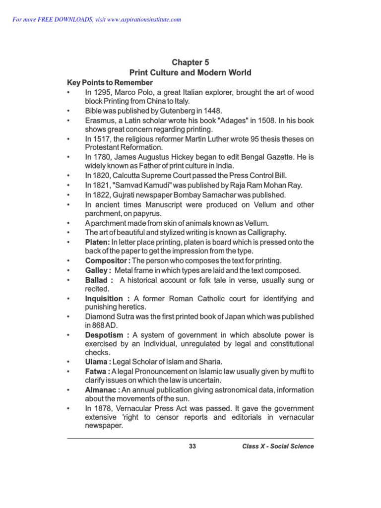 CBSE Class 10 SST Notes Question Bank Print Culture and Modern World ...