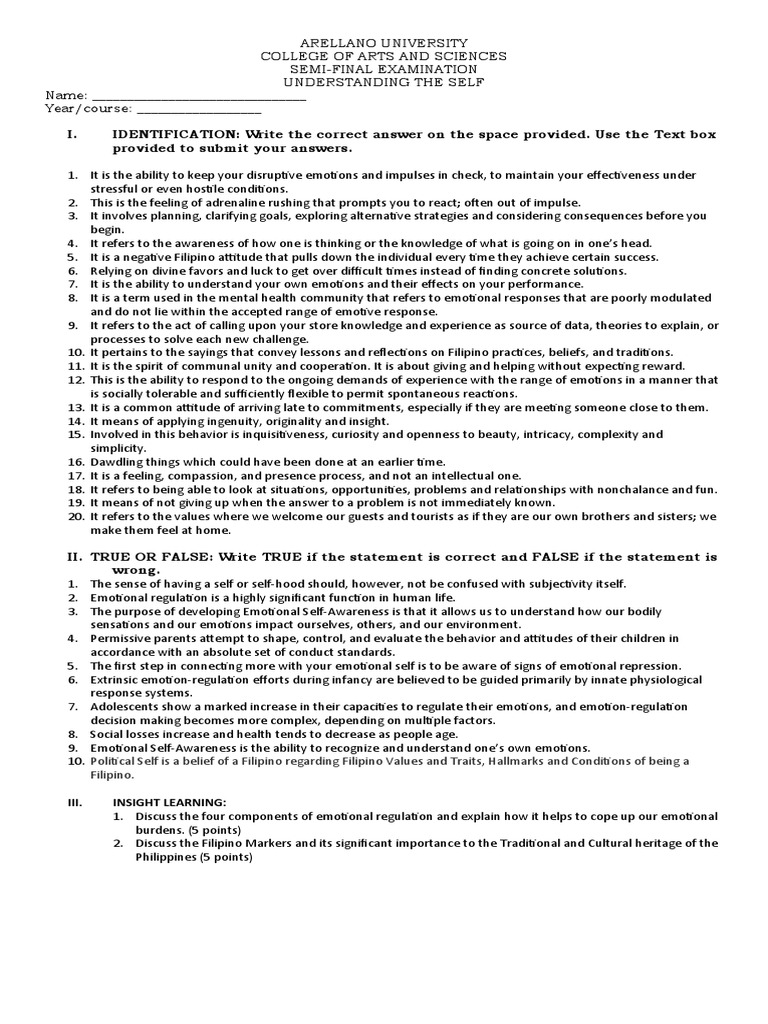 Understanding the Self Exam Guide | PDF | Emotions | Attitude (Psychology)
