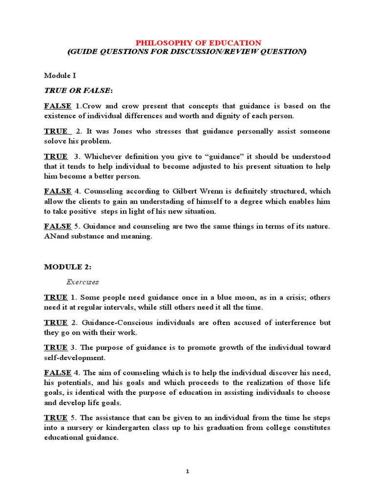 Philosophy of Education Guide Questions | PDF | School Counselor ...
