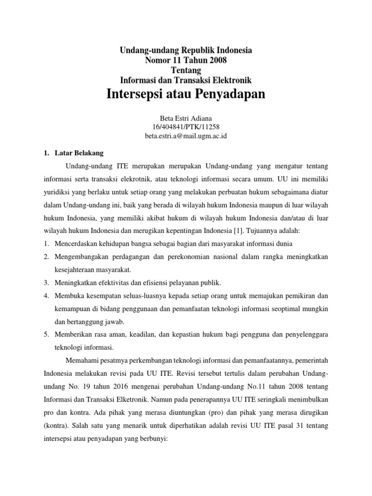 Beta Estri Adiana - 404841 - UU ITE - Intersepsi Atau Penyadapan | PDF | Ilmu Sosial