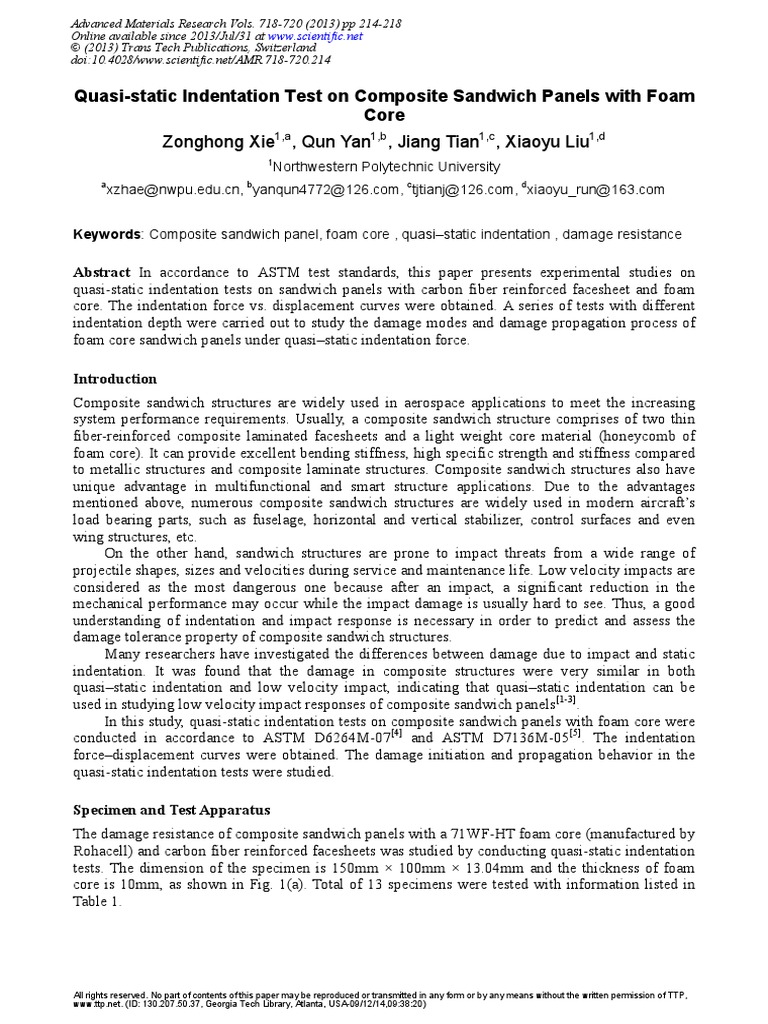 Quasi-Static Indentation Test On Composite Sandwich Panels With Foam ...