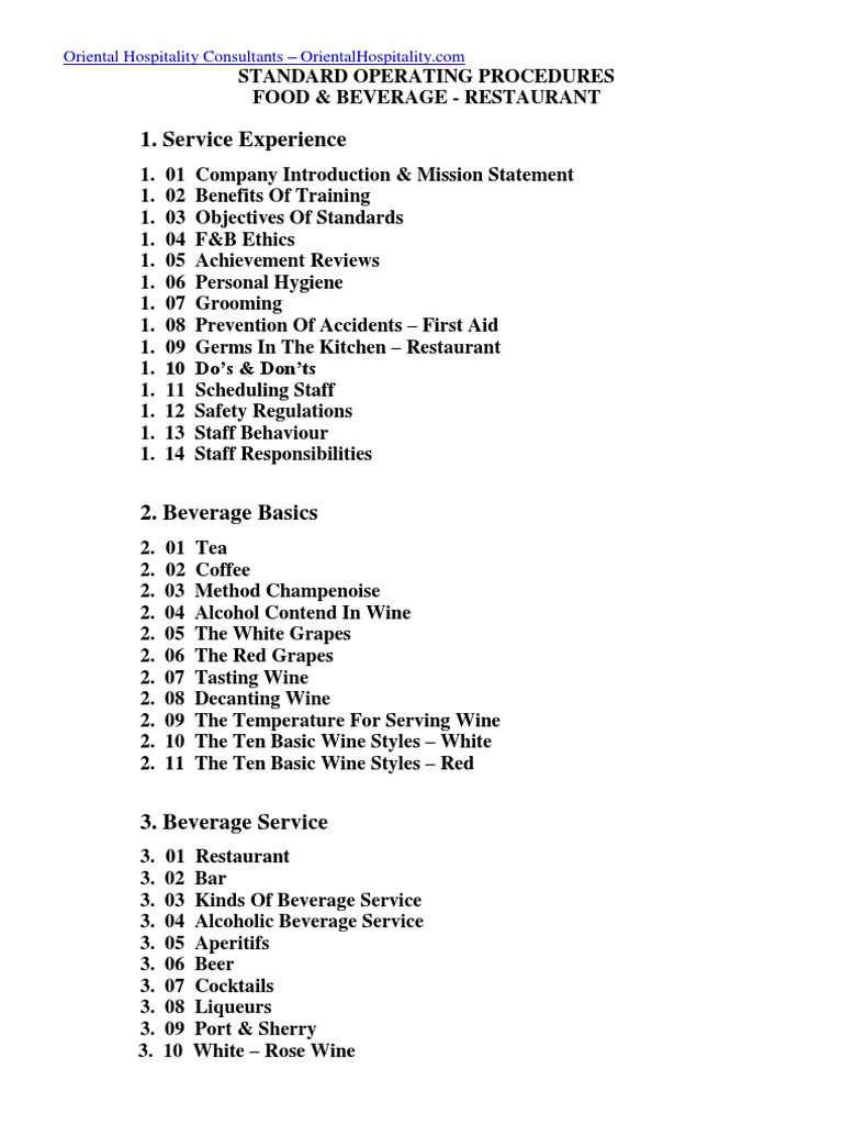 Restaurant SOP: Service & Standards | PDF | Wine | Restaurants