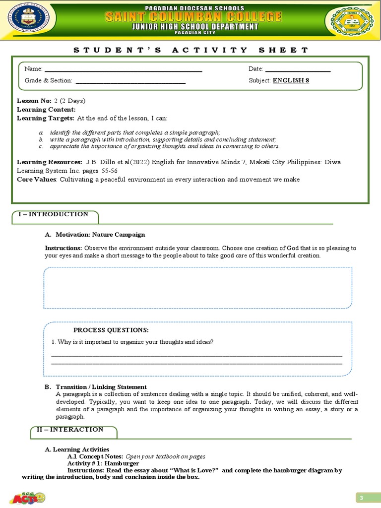 Student Activity Sheet: Paragraph Writing | PDF | Love | Essays