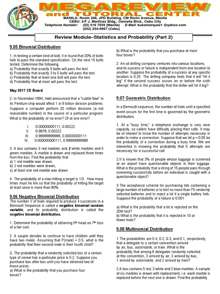 Review Module 9-Probstat-Part2 PDF | PDF | Probability Distribution | Poisson Distribution