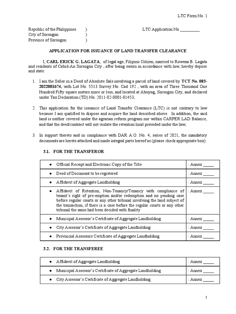 DAR Application For Issuance of Land Transfer Clearance | PDF | Private ...