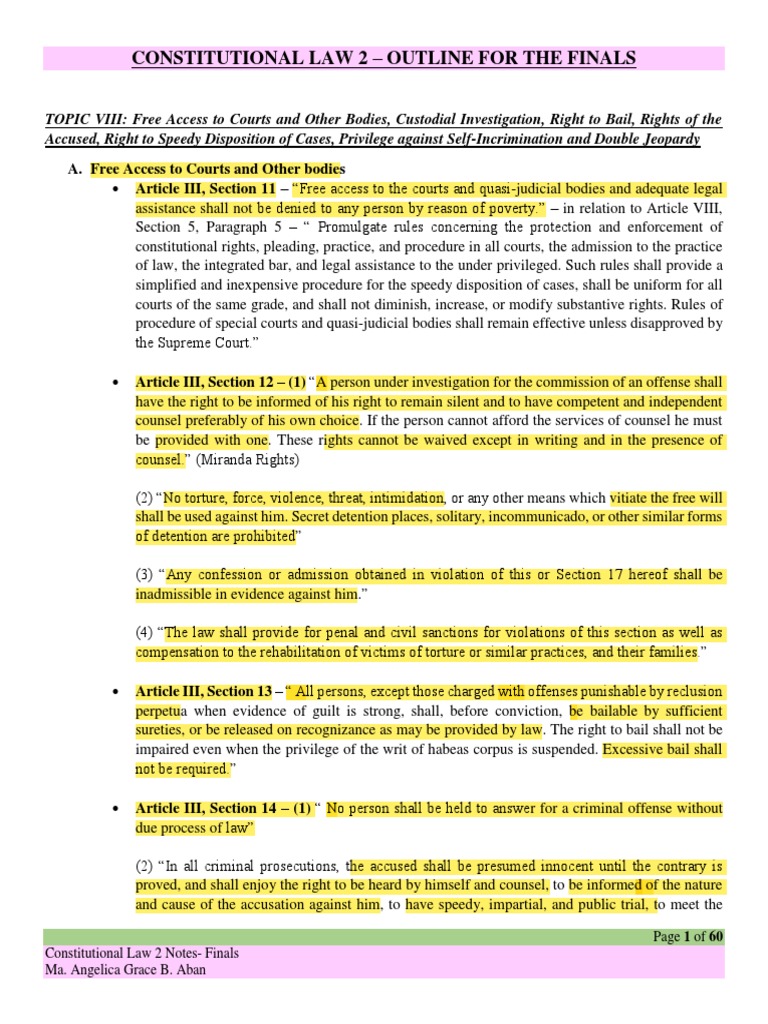 Constitutional Law (Bill of Rights) | PDF | Right To Silence ...