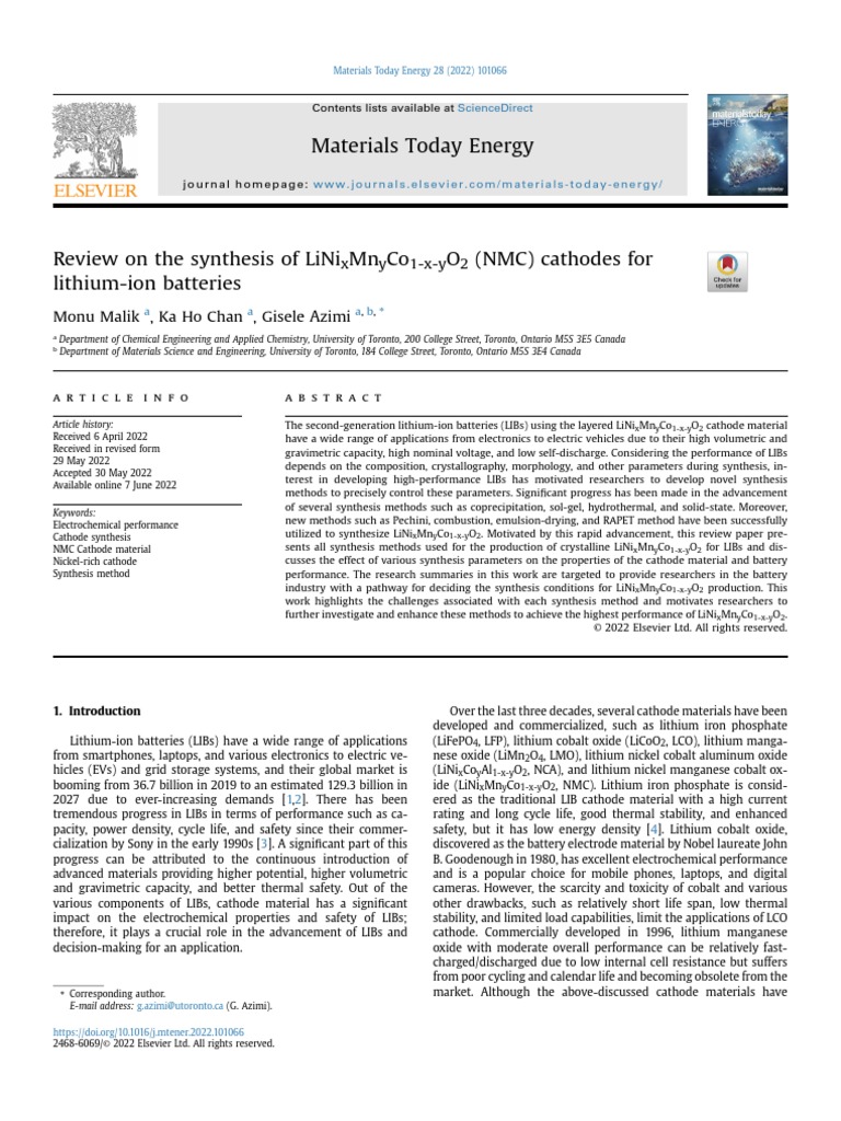 Review On The Synthesis of LiNixMnyCo1-x-yO2 (NMC) Cathodes Forlithium Ion Batteries | PDF ...