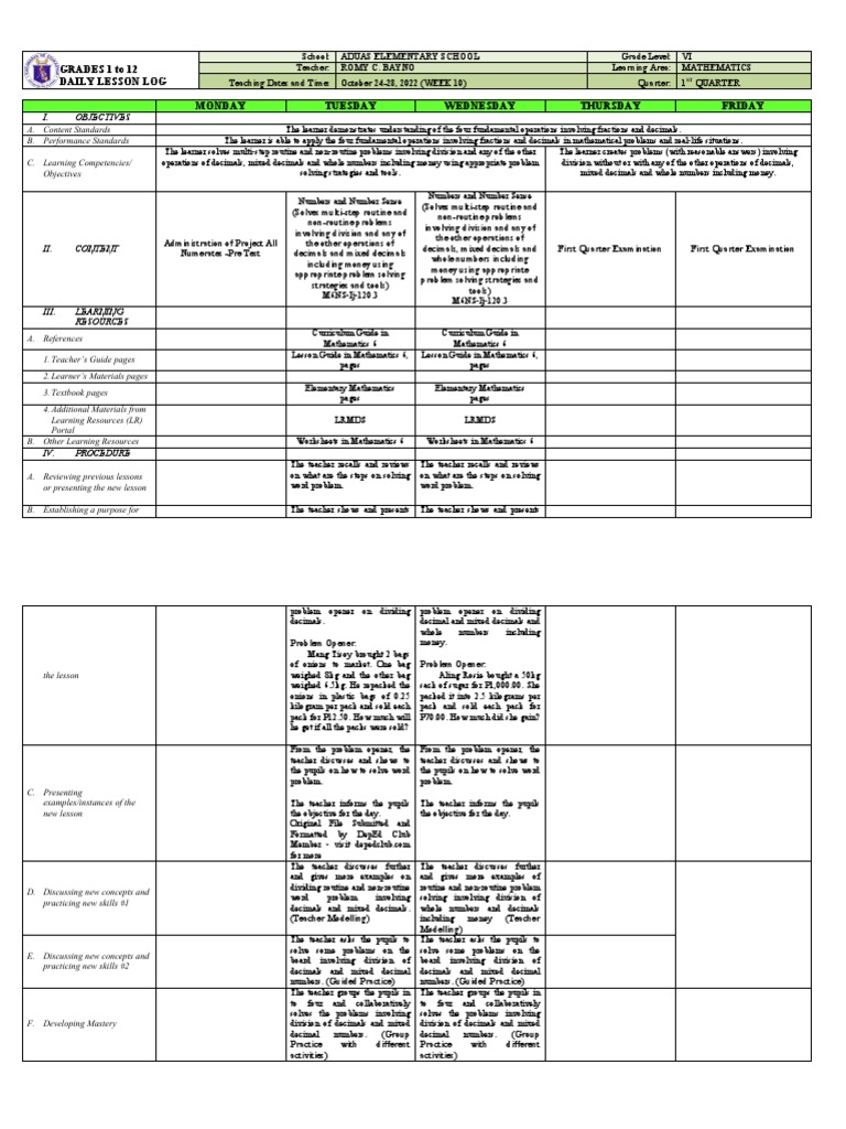 DLL - Mathematics 6 - Q1 - W10 | PDF | Teachers | Learning